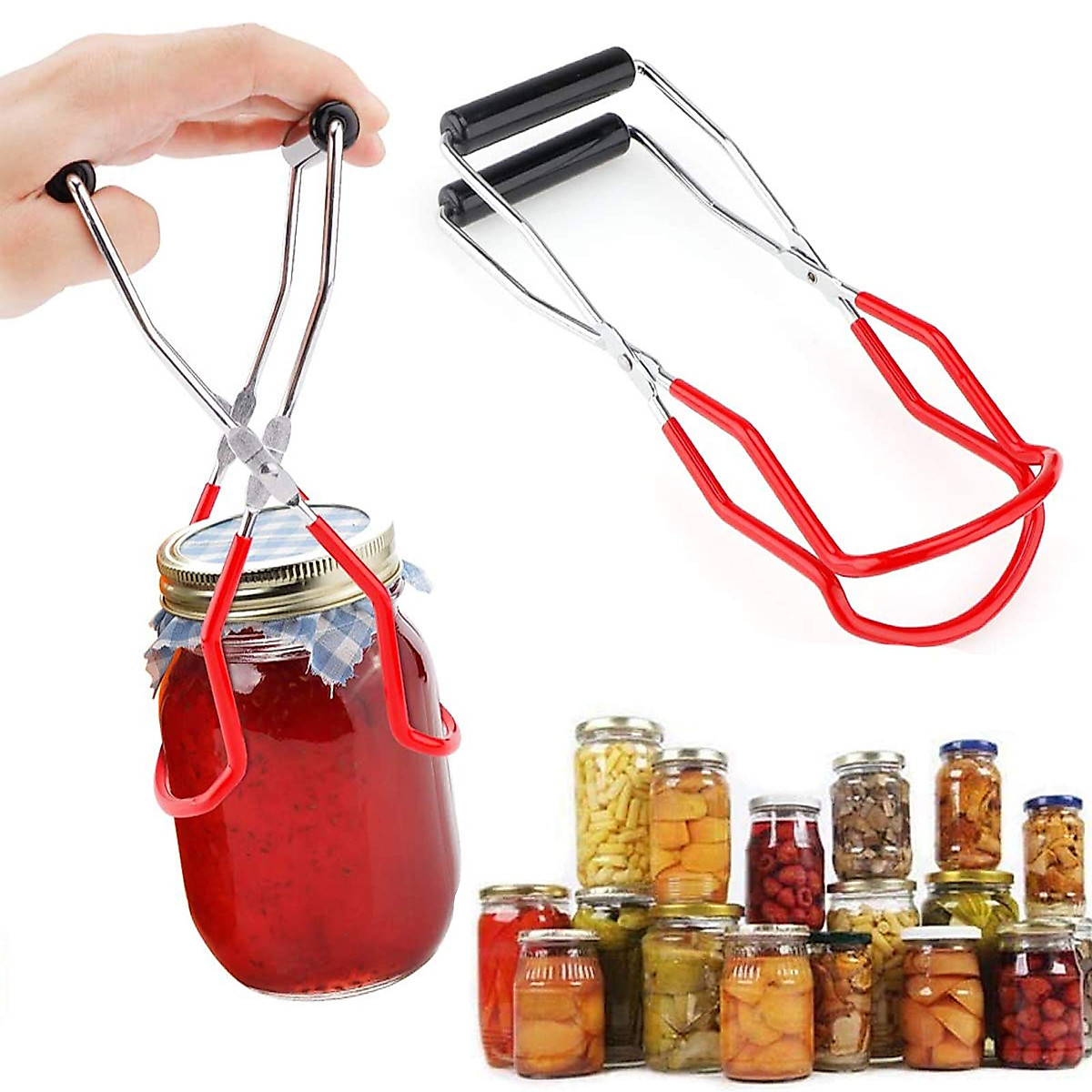 Oriflame Canning Jar Lifter Tongs, Stainless Steel Jar Lifter with Rubber Grips - for Slip Wide-Mouth Clip for Kitchen Restaurant (Red)
