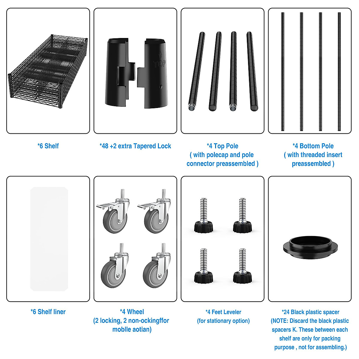 Metal Shelf Wire Shelving Unit, NSF 6 Tier 6000lbs Heavy Duty Adjustable Storage Rack with 5in Wheels and Shelf Liners for Commercial Grade Utility Steel Storage Rack - 20" D x 48" L x 84.5" H Black