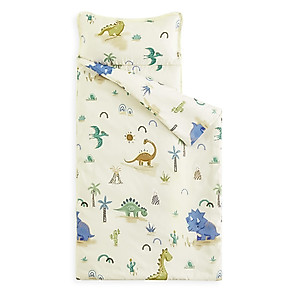 Wake In Cloud - Dinosaur Nap Mat with Removable Pillow for Kids Toddler Boys Girls Daycare Preschool Kindergarten Sleeping Bag, Dinosaur Volcano Printed on Beige, 100% Soft Microfiber