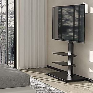 Rfiver Swivel Floor TV Stand with Mount, Wood Base and 2 Flexible Media Shelves for 40 43 49 50 55 60 65 70 75 77 Inch Flat Screens/Curved TVs, Height Adjustable Corner TV Stand for Bedroom and Office