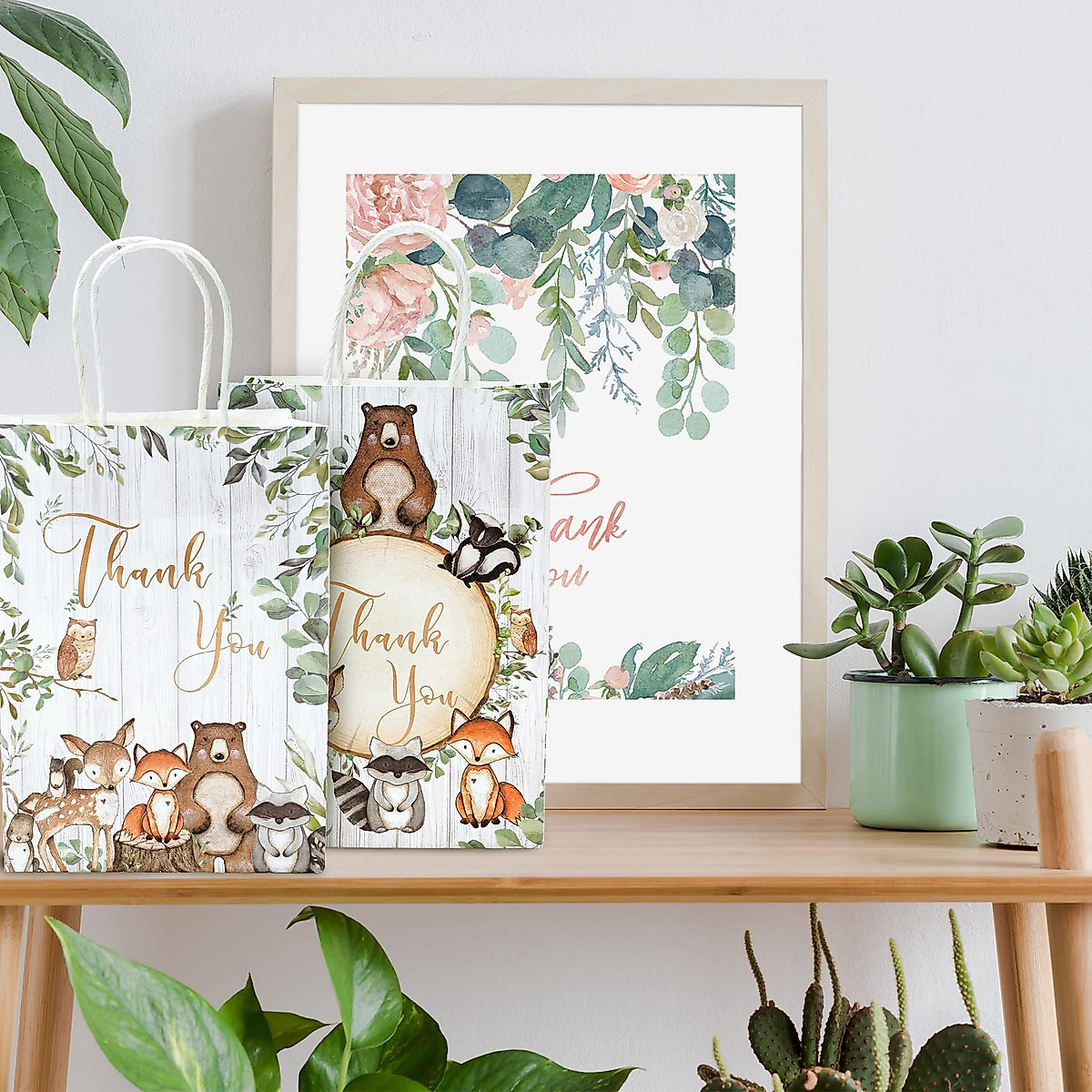 AnyDesign 24 Pack Woodland Thank You Gift Paper Bags with Handles Bulk 4 Design Woodland Baby Shower Party Favor Bags for Birthday Wedding Baby Shower Party Supplies Decoration, 5.9 x 8.3 x 3.1 Inch