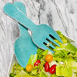 UPware 2-Piece 10.75 Inch Melamine Salad Server Serving Utensil Set Includes Salad Spoon and Salad Fork (Crackle, Turquoise)
