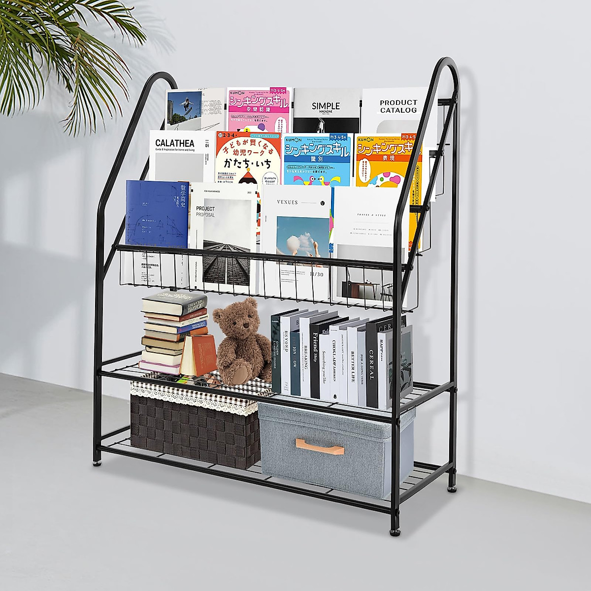 Bookshelf,Large Black Bookcase,Large Capacity Books Toys Organizer,Kids Black Bookshelf LargeFreestanding for Children Room,Stable Bookcase Bookstore Library Unit Storage Kids Bed Living Room