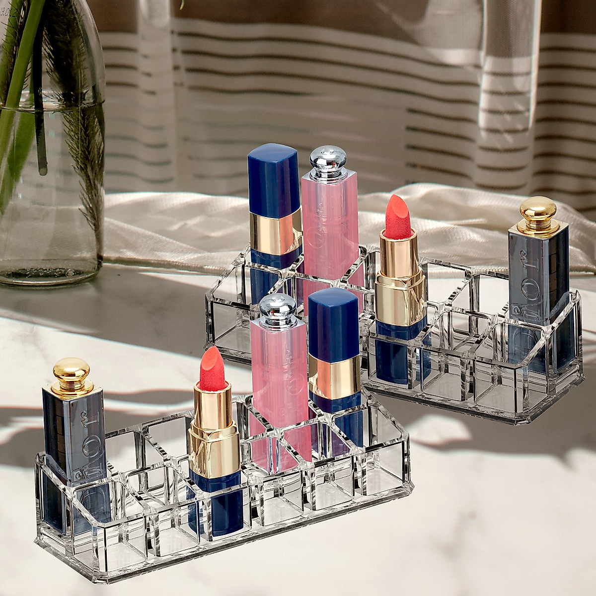 Amazing Abby - Glamour - 2-Pack 12-Slot Acrylic Lipstick Organizer, Lipstick Holder, Lip Gloss Holder, Cosmetic Storage Display, Perfect Storage Solution for Drawer and Vanity (Slot Size: 0.9" x 0.9")