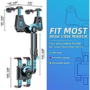 Phone Mount for Cars, 360°Rotatable and Retractable Car Phone Holder Mount Multifunctional Rearview Mirror Phone Holder Car Adjustable Cell Phone Holder for iPhone,Samsung,Huawei and All Smartphones