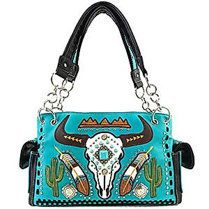 Zelris Longhorn Skull Embroidered Feather Cactus Design Women Conceal Carry CCW Shoulder Handbag Purse (Turquoise)