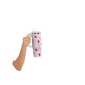 YNNALE 30 oz Tumbler with Straw & Handle - 2 in 1 Lids Leak Proof Tumblers - Large Insulated Stainless Steel Cup - BPA-Free Water Bottle Travel Metal Mug for Women Man,Bow Floral Cute Pink Strawberry