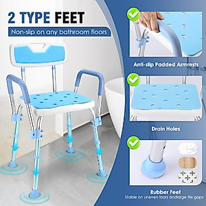 BlessReach Easily Assembled Portable Shower Chair Seat, Adjustable Shower Bench with Arms, Shower Lift Chair with Storage Bags.