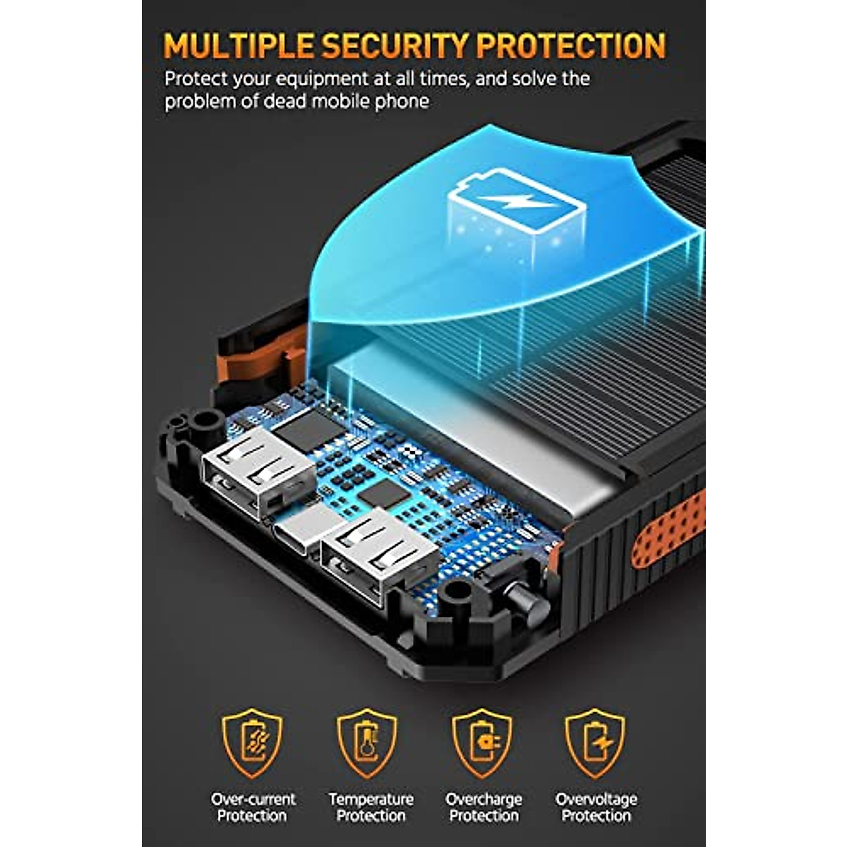 Power Bank,Solar Charger,36800mAh 5V3.1A QC 3.0 Dual 2 USB Port Built-in Powerful Flashlight IPX7 Waterproof Dustproof Shockproof(Orange)