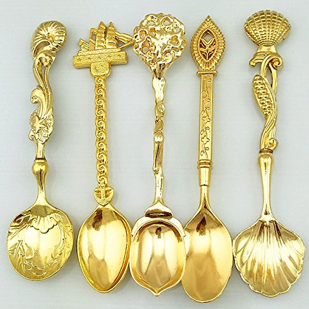 Falytemow Mini Spoons Gold Vintage Demitasse Scoop for Seasoning Coffee Tea Dessert Drink Mixing Milkshake Spoon Tableware Set of 5