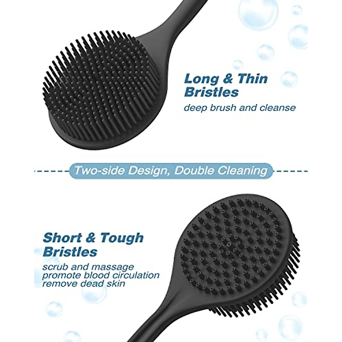 Manmihealth Silicone Back Scrubber(Thin Bristles) & Soft Bath Glove Set, Super-Cleaning Body Scrubber & Super-Lathering Shower Brush Combination, with a Free Hook. (Black)