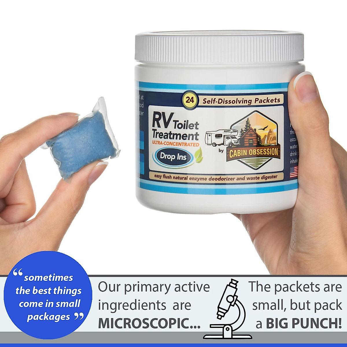 Cabin Obsession RV Toilet Treatment Drop Ins - 24 Easy Flush Self-Dissolving RV Black Tank Treatment Packets - Eliminate Odors and Break Down Waste Within Your RV Holding Tank