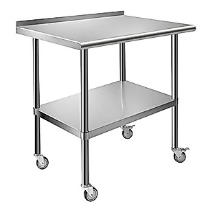 Nisorpa Commercial Stainless Steel Table with Caster Wheels 36x24in Kitchen Worktables with Backsplashs Prep Food Workbench Under Shelf 330~550lbs Capacity for Restaurant