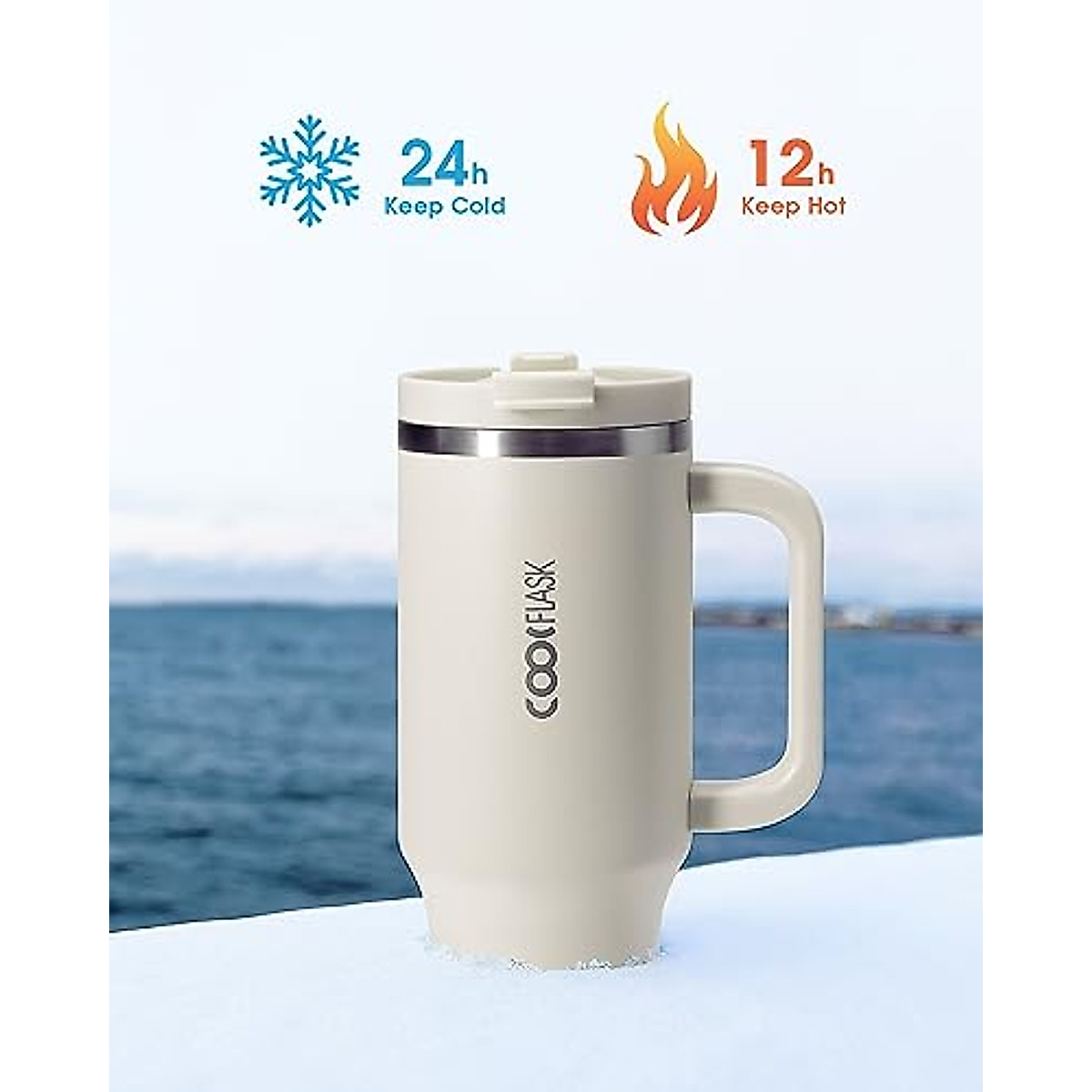 Coolflask 40oz Tumbler with Handle, Insulated Water Tumbler with Lid and Straw, Coffee Tumbler Travel Mug Stainless Steel for Cup Holder, Keep Cold for 24H/Hot for 12H, Apricot