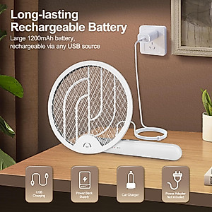 Foldable Electric Fly Swatter Racket, Portable 2 in 1 Bug Zapper Racket, Fly Killer and Mosquito Trap Lamp, USB Rechargeable with 1200mAh Battery for Indoor and Outdoor Home Backyard Patio Camping
