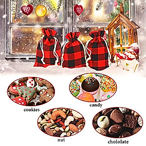 SULOLI 24PCS Christmas Buffalo Plaid Drawstring Bags, Xmas Plaid Burlap Bags Drawstring Bags Washable Cotton Xmas Bag for Christmas Candy Goodie Holiday Favors