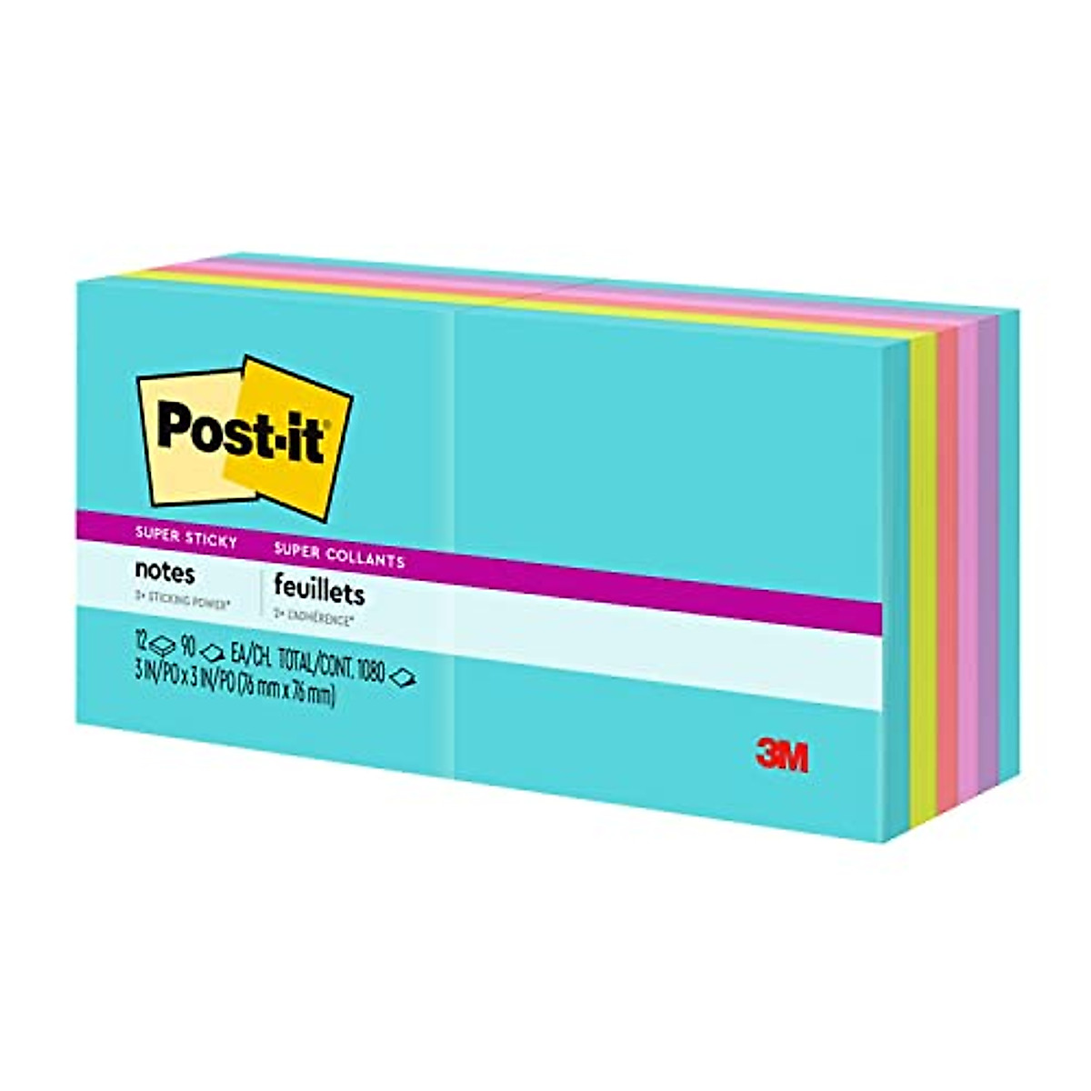 Post-it Super Sticky Notes, 3x3 in, 12 Pads, 2X the Sticking Power, Supernova Neons, Bright Colors, Recyclable (654-12SSMIA)