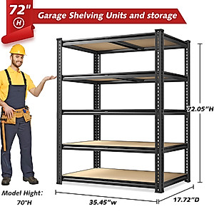 REIBII 72" H Storage Shelves 2300LBS Heavy Duty Garage Shelving Adjustable 5 Tier Garage Storage for Garage Kitchen Basement Industrial Metal Shelf Organizer Black