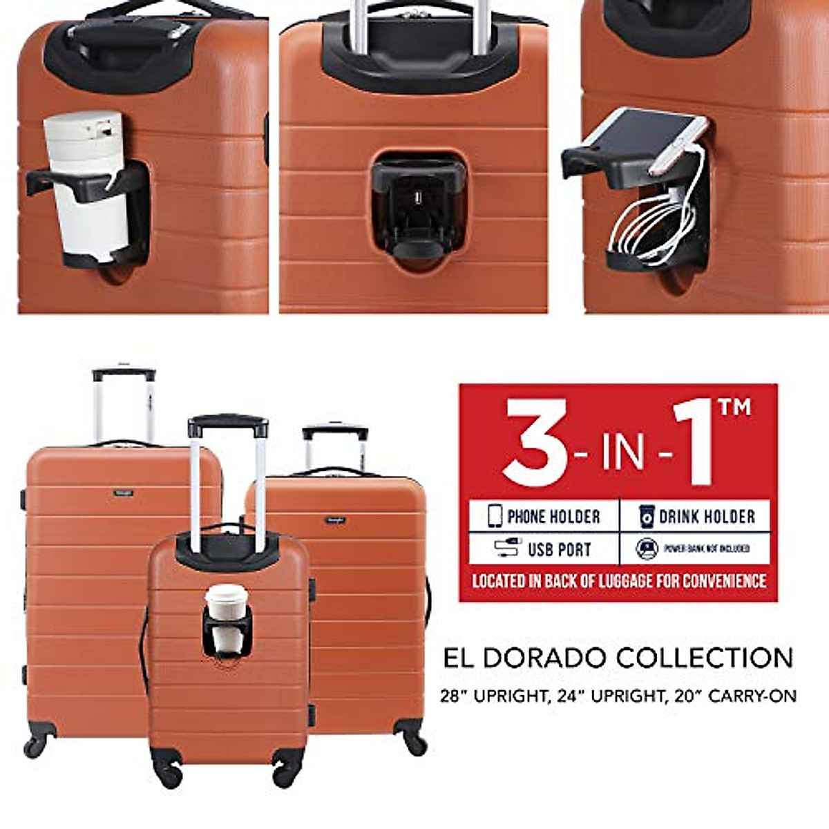 Wrangler Smart Luggage Set with Cup Holder and USB Port, Burnt Orange, 20inch,24inch,28inch
