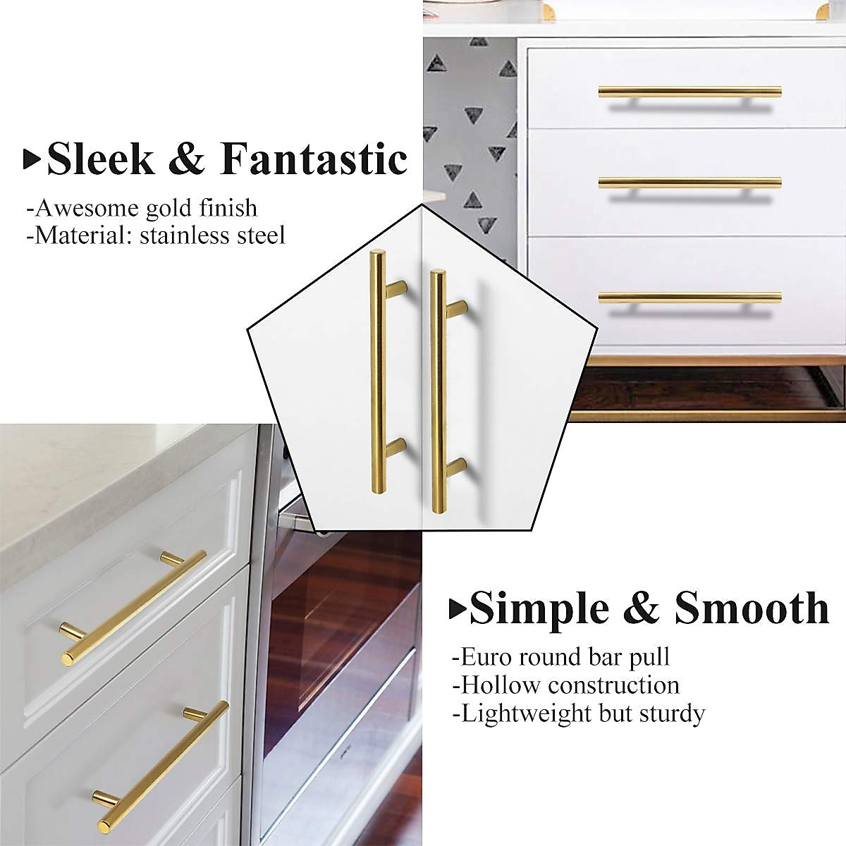 Probrico (10 Pack 6-3/10"(160mm) Hole Centers Cabinet Pulls Gold Dresser Drawer Euro Bar Pulls Golden Kitchen Cabinet Hardware T Bar Knobs Bathroom Handles