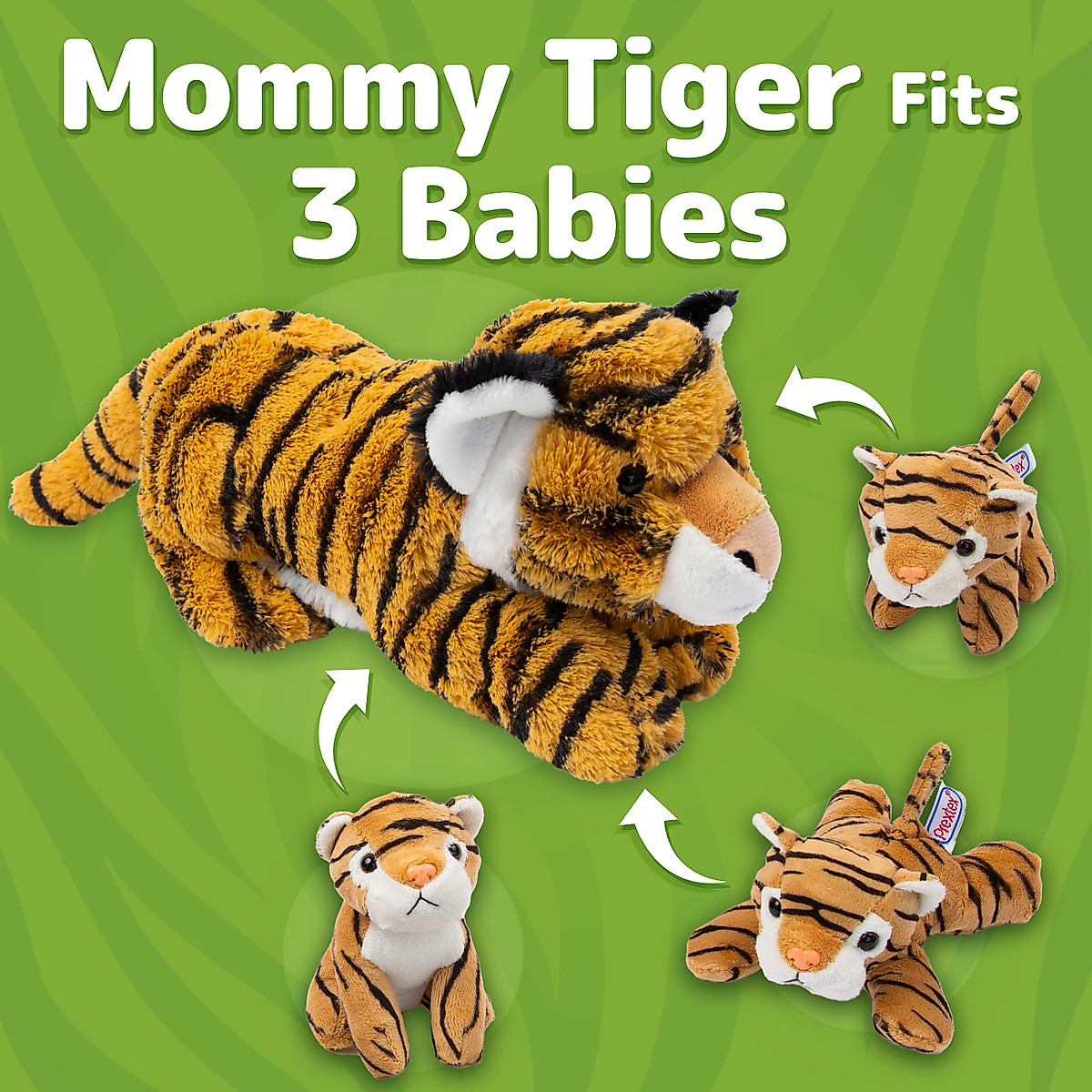 PREXTEX Plush Tiger with Zippered Pouch for Its 3 Little Plush Baby Tigers - Plushlings Collection Soft Stuffed Animal Playset