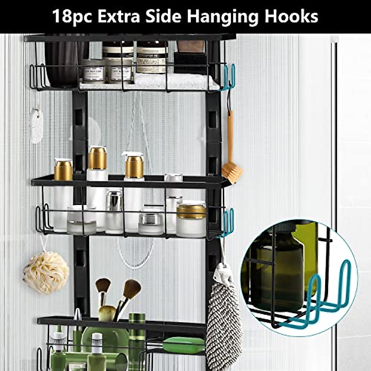 AUROPEAK Shower Caddy Over the Door, Hanging Shower Organizer Rustproof No Drilling, Adjustable Over the Shower Door Caddy Storage Rack with 5-Tier Shelf Baskets, Soap Holder, Towel Hooks for Bathroom