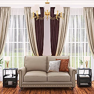 SAUCE ZHAN End Table with Charging Station, Nightstand with USB Ports and Outlets, Fabric Bags, Bedside Table for Small Space Side Table with Storage Drawer for Living Room, Bedroom, Office, Black