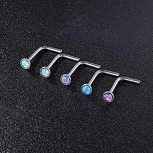 ZS 5 Pieces Opal Nose Studs 20 Gauge Nose Pin Blue Nose Piercing Stud Stainless Steel Nose Stud Retainer L-Shape (5PCS L-shaped Nose Rings)
