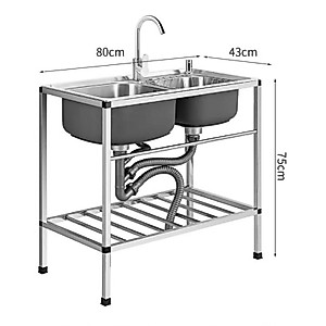 OMESDA Double Bowl Free Standing Utility Sink, Stainless Steel Sink for Washing with Faucet, Commercial Kitchen Sink with Support and Towel Bar