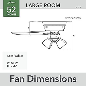 Hunter Fan Company, 51113, 52 inch Builder Matte Silver Low Profile Ceiling Fan with LED Light Kit and Pull Chain