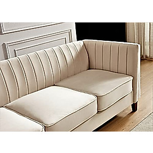 Container Furniture Direct Modern Luxury Velvet Couch for Living Room with High Density Foam, Soft Fabric Upholstery, Removable Cushions and Solid Wood Legs, 83'' Wide 3 Seater Sofa, Beige