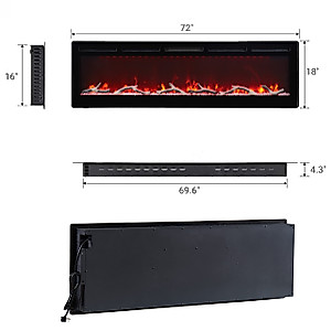 72 Inch Recessed and Wall Mounted Electric Fireplace, Fireplace Heater, Touch Screen, Remote Control with Timer, Adjustable Flame Color and Temperature 72"x18"x4.3"