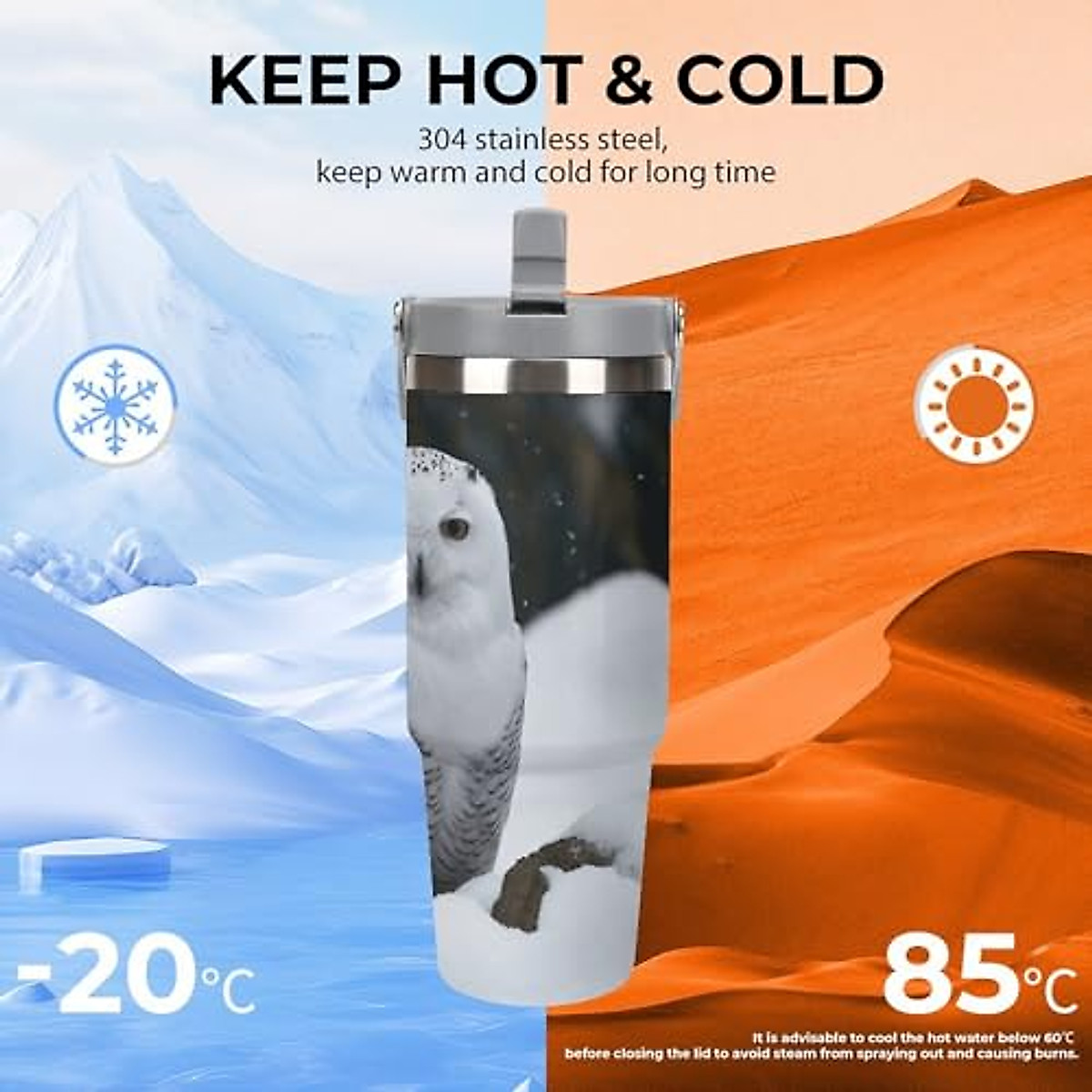 BWQJKUO Large Capacity Car Cup 30 Oz Stainless Steel Snow Owl Printed Travel Mug Leak-proof Flip Straw Tumbler with Handle,keeps Cold Or Ho