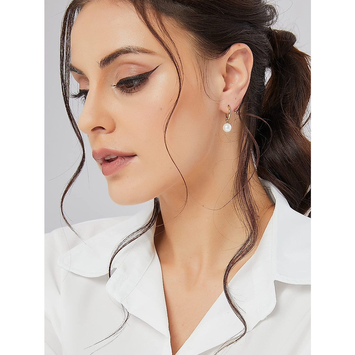 Pearl Hoop Earrings for Women 14k Gold Plated Pearl Dangle Small Hoop Earrings with 925 Sterling Silver Post (Gold)