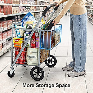 Pipishell Shopping Cart, Heavy-Duty Grocery Cart on Wheels with Extra Rear Basket & Leakproof Cover, Folding Grocery Shopping Cart with High 160 lbs/134 L Capacity, PITUC2S