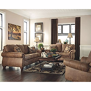 Signature Design by Ashley Larkinhurst Faux Leather Queen Sofa Sleeper with Nailhead Trim and 2 Accent Pillows, Brown