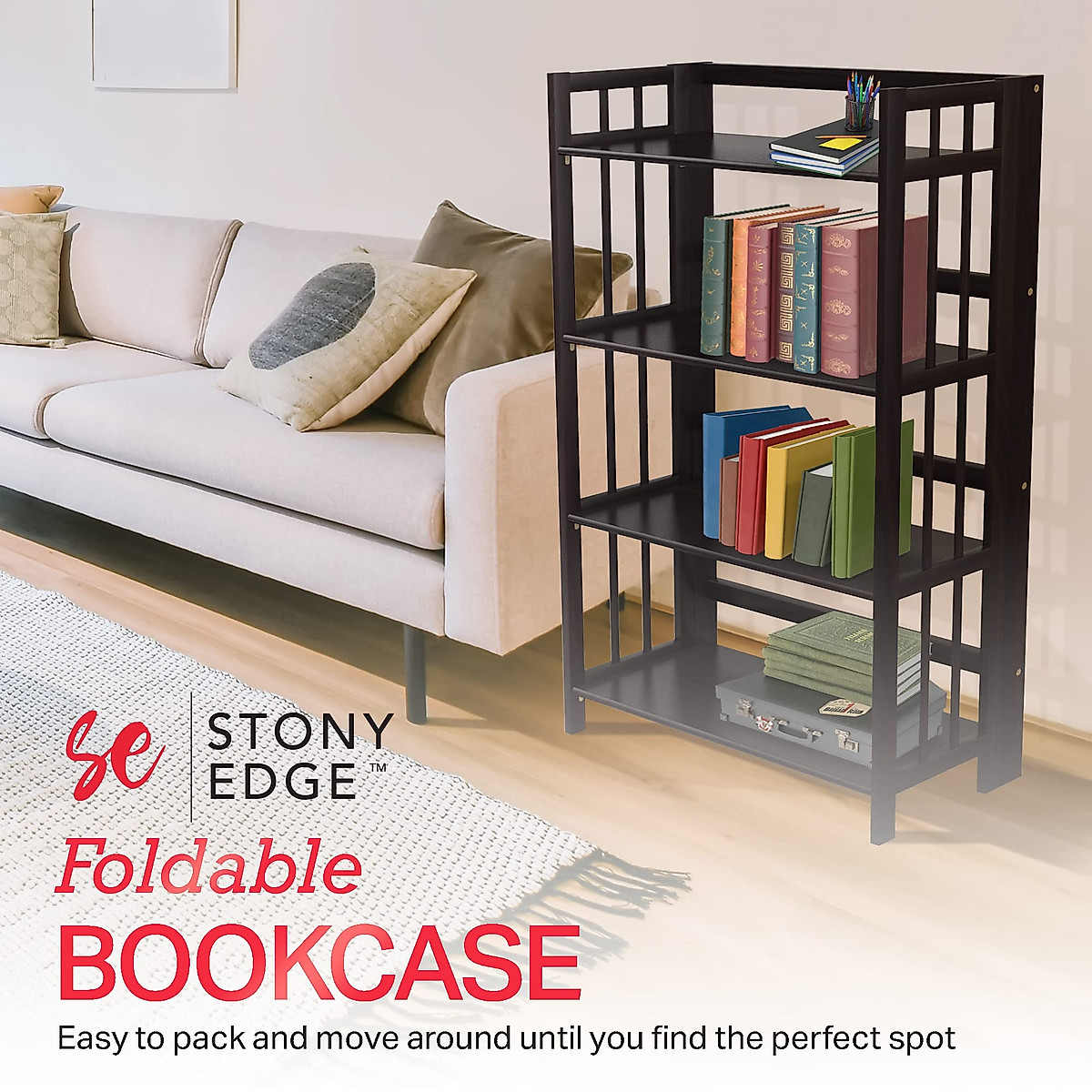 Stony Edge 4-Tier Folding Bookshelf | Espresso Wood Finish | 45x32x11.5 Inches | Book Shelf for Books and Trinkets | No Assembly Required | Foldable & Small Bookshelf for Home and Office