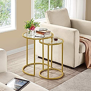 Yaheetech Round Nesting Side Table Stacking Coffee Table, Set of 2 Circular Modern End Tables w/Metal Frame & Tempered Glass Top & Protective Foot Pads for Small Space Living Room Bedroom Office