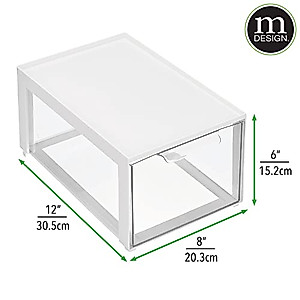 mDesign Plastic Stackable Cosmetic Storage Organizer Bin with Pull Out Drawer for Cabinet, Vanity, Shelf, Cupboard, or Cabinet Organization - Lumiere Collection - 4 Pack - White/Clear