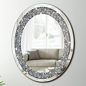DMDFIRST Crystal Crushed Diamond Oval Shaped Glam Bling Silver Mirror for Wall Decoration 16x20x0.9 inch Wall Hang Frameless Sparkly Mirror Glass Stunning Home Diamond Decor