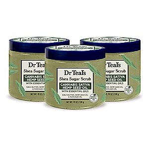 Dr Teal's Shea Sugar Body Scrub, Cannabis Sativa Hemp Seed Oil with Essential Oils, 19 oz (Pack of 3) (Packaging May Vary)