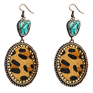 Vintage Leopard Print Dangle Earrings for Women AB Crystal Geometric Irregular Turquoise Stone Faux Leather Statement Drop Stud Earring Retro Birthday Party Jewelry Gifts (Gold)