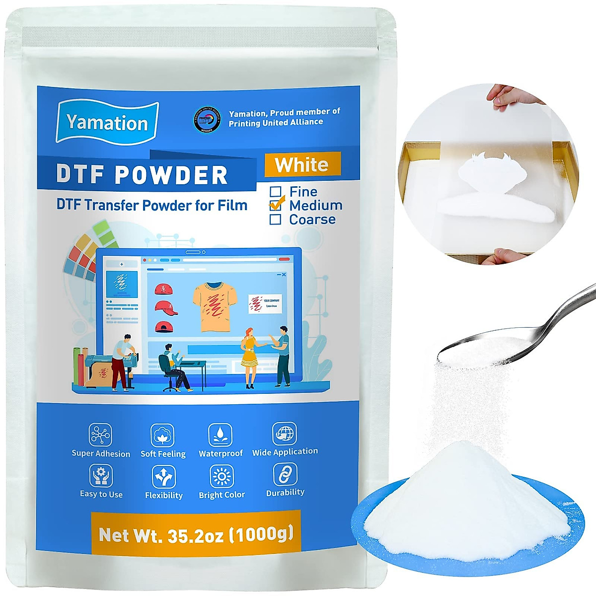 Yamation DTF Powder Adhesive White 35.2 oz / 2.2 lbs DTF Transfer Powder Hot Melt Adhesive applies to All DTF Transfer Printers for Digital Prints on T-Shirts DTF Supply with DTF PET Film and Ink