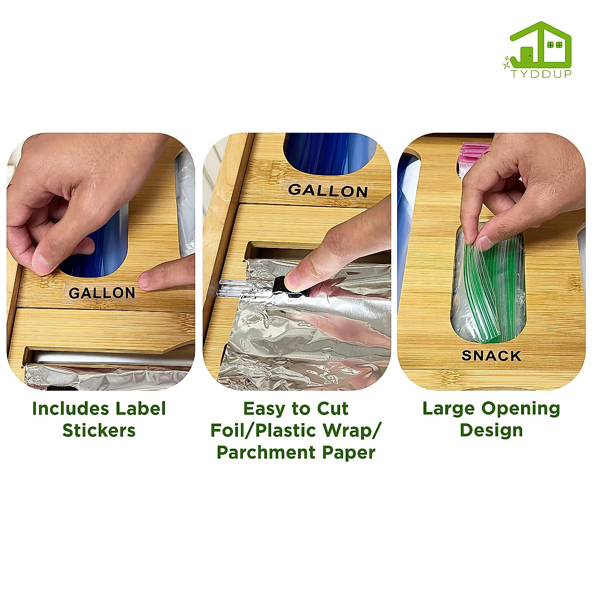 TYDDUP - 6 in 1 Ziplock Bag Organizer with Alum. Foil/Plastic Wrap Dispenser with Cutter & Labels for Kitchen Drawer |Bamboo Kitchen Organization |Compatible Gallons,Quarts,Snack,and Sandwich Bags.