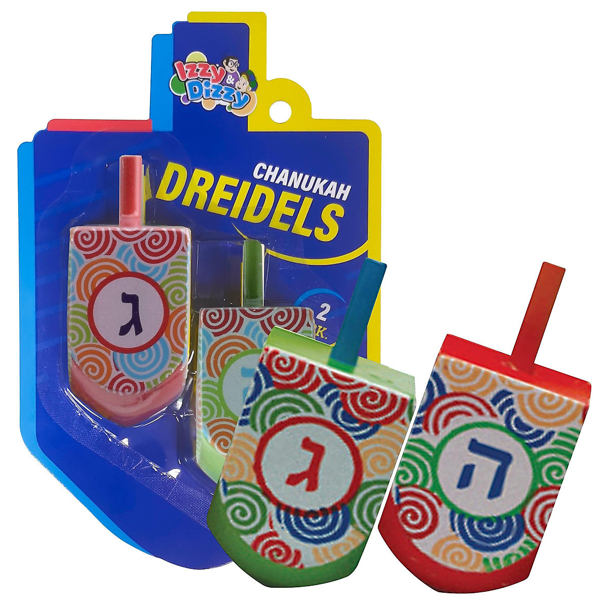 Hanukkah Dreidels - Extra Large Multi Colored Wooden Dreidel - 2 Pack