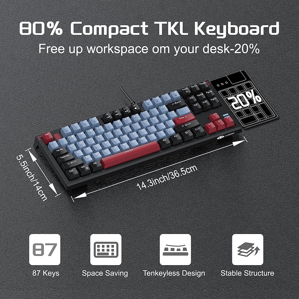 Compact 80 Percent Mechanical Gaming Keyboard, Wired tkl Mechanical Keyboard with Brown Switches, Ice Blue Backlit Keyboard 87 Keys for Windows Mac PC, Black Blue