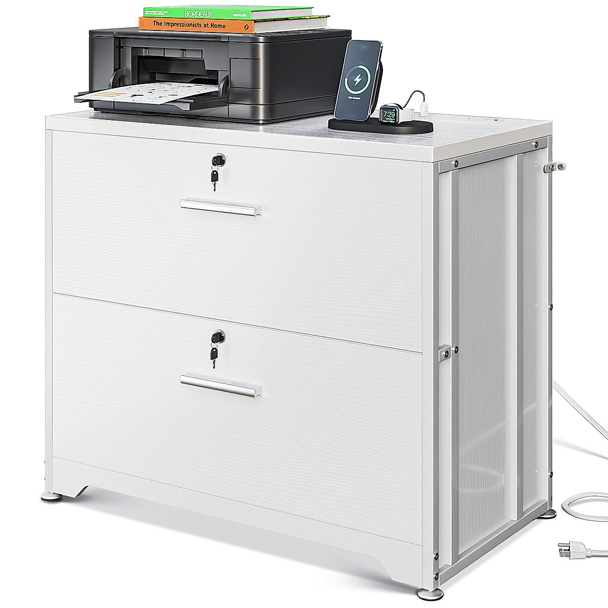AODK File Cabinet with Charging Station Filing Cabinet for Home Office, Large File Cabinets with Lock, Office Storage Cabinet 2 Drawer for Legal/Letter/A4 File, White