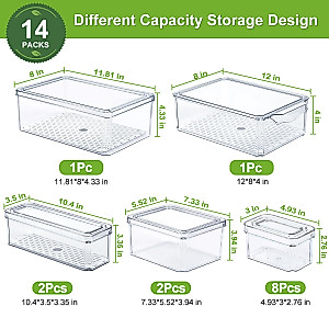 RIKOJUXI Set Of 14 Fridge Organizer, BPA Free Stackable Refrigerator Organizer Bins with Lids, Fridge Organizers and Storage Clear Refrigerator Storage Containers for Fruits, Vegetable, Food, Drinks