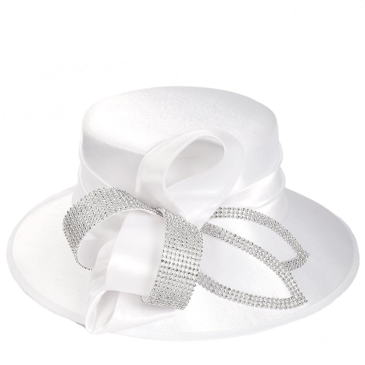 HISSHE Womens Church Derby Dress Hat Wide Brim Crystal Tea Party Wedding Hats (White)