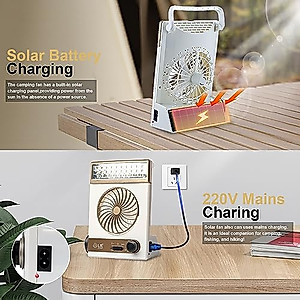 Ansee Solar Fan Camping Fan Cooling Table Fans 3 in 1 Multi-Function with Eye-Care LED Table Lamp Flashlight Torch Solar Panel Adaptor Plug for Home Use Camping (Golden)